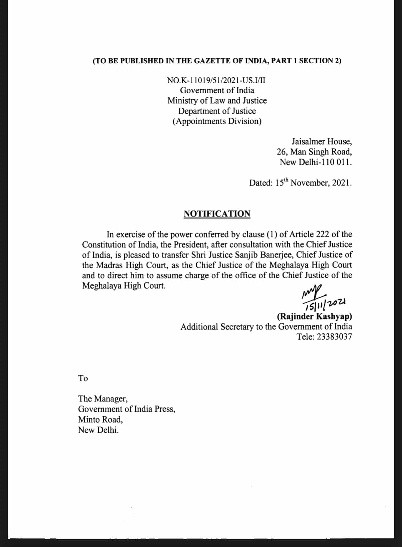 BREAKING: Centre Notifies Transfer of Chief Justice Sanjib Banerjee ...