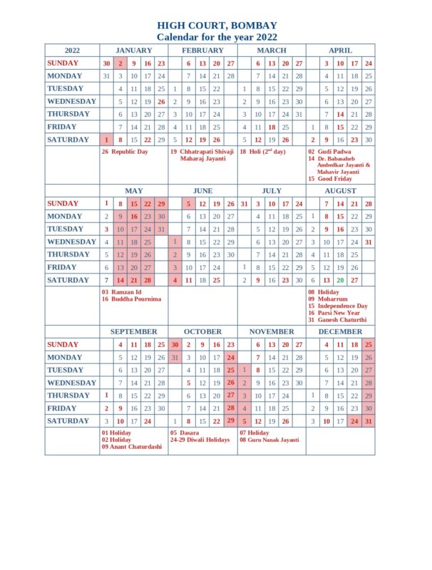 Download Bombay High Court Calendar 2022 - Law Trend