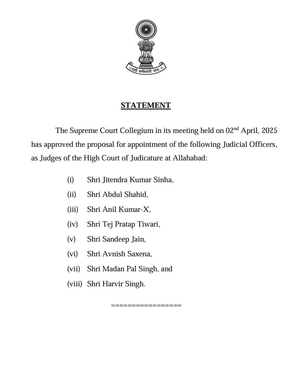 Supreme Court Collegium Recommends Appointment of Eight Judicial Officers as Judges of Allahabad ...